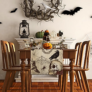 Rvsticty Linen Retro Halloween Table Runner Halloween Gothic Skull Tablecloth Day of The Dead Roses Skull Decor Halloween Decorations and Supplies for Home Kitchen Table-13×72’’