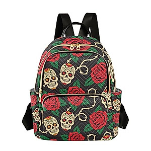 Yasala Halloween Women Backpack Sugar Skull Vivid Flower Leaves Travel Bag Compact Daily Bag Diaper Bag