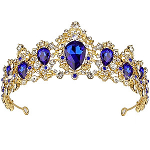 Didder Baroque Vintage Rhinestone Tiara, Blue Royal Crystal Tiaras for Women Gold Princess Crown Tiaras for Girls Bridal Hair Accessories for Wedding/Prom/Pageant/Birthday/Party/Photography