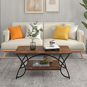 Giantex 2-Tier Rectangular Coffee Table, Wood Grain Table with Open Storage Shelf, Black Finished Metal Frame, Industrial Center Table for Living Room, Reception Room (Coffee)