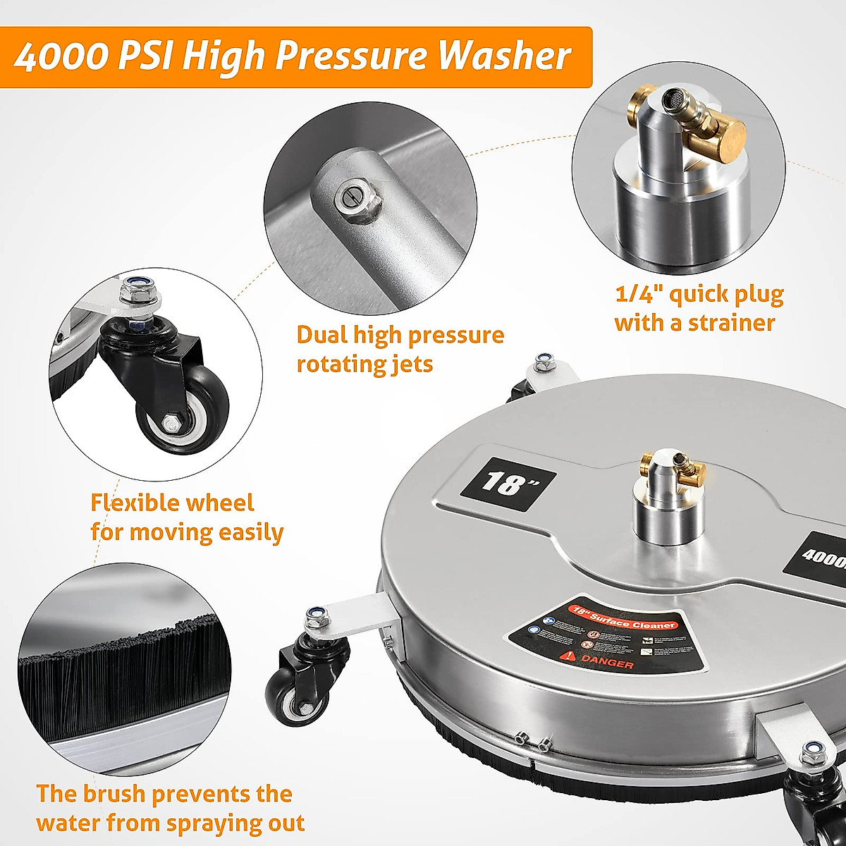 WICHEMI 1800W Multipurpose High-Temp Floor Steam Mop Steam Cleaning Machine + 18" Pressure Washer Surface Cleaner with 4 Wheels for Driveway Sidewalk Patio Concrete Cleaning