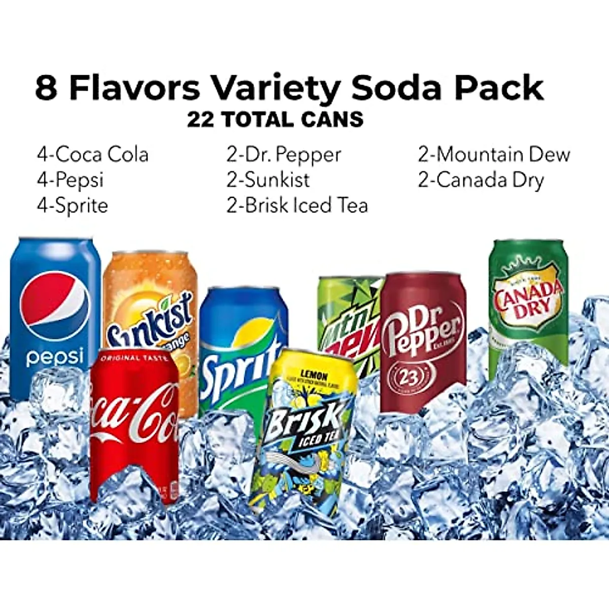 Murai - (Pack of 22) Soda Variety Pack | 8 Multi Flavors Soft Drink Bundle | Assortments of Cola, Pepsi, Sprite, Mountain Dew, Dr. Pepper, Sunkist, Canada Dry Ginger Ale, Brisk Iced Tea | The Beverage Care Package