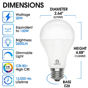 E ENERGETIC LIGHTING 4 Pack Dimmable A21 LED Bulb, 150 Watt Equivalent, Daylight 5000K, 2600LM Super Bright Light Bulbs, E26 Standard Base, Damp Rated, UL Listed