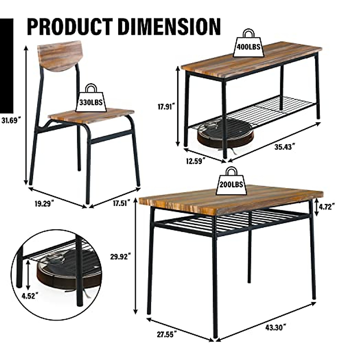 GRAVFORCE 6-Piece Home Dining Table Set, Kitchen Table and Chairs Set for 6 w/Storage Racks, Rectangular Table, Bench, 4 Chairs for Living Room, Dining Room, Small Apt, Dinette - Brown