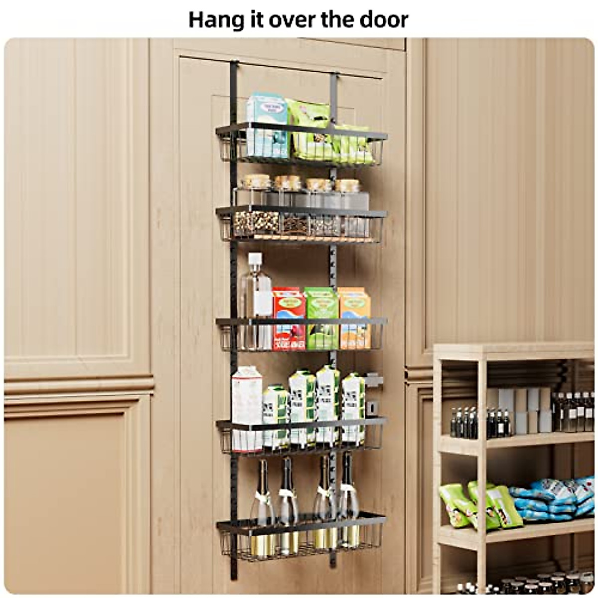Over The Door Pantry Organizer 5 Tier,Pantry Organization and Storage,Heavy-Duty Metal Pantry Door Organizer with 5 Baskets,Adjustable Hooks for Doors Thickness Between 1.5 to 3 inch