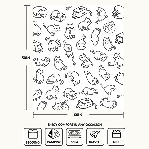 Cat Blanket for Girls and Women - Funny Cat Gifts for Cat Lovers, Cute Animals Pet Pattern Kids Kawaii Room Decor Cat Theme Soft Flannel Throw Blanket 60 x 50 Inch