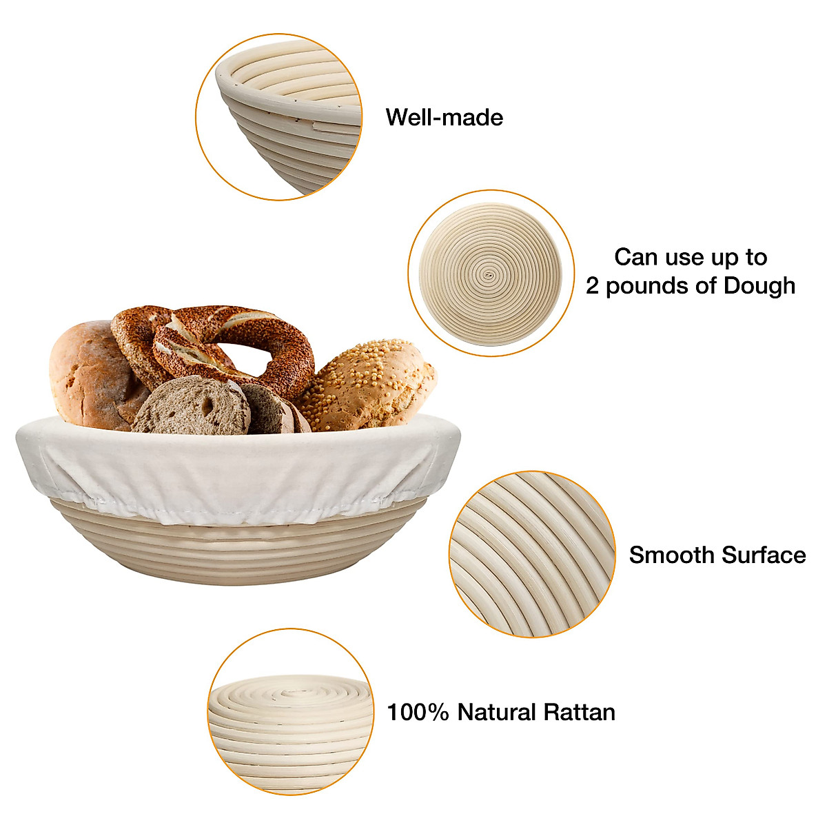 Lithos Bread Proofing Basket - 10 Inch Round Banneton Baskets Kit - Splinter-Free, Non-Stick Surface, Cloth Liners Accessories - Bake Bread Gifts for Home Bakers