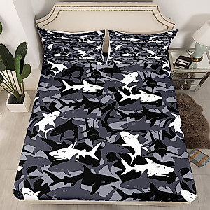 Erosebridal Camo Sharks Fitted Sheet Set Twin Black White Grey Camouflage Ocean Animal Bedding Sets for Kids Boys Teen Cool Shark Bed Sheets,Soft Microfiber Cool Wildlife Top Flat Sheet 1 Pillow Case
