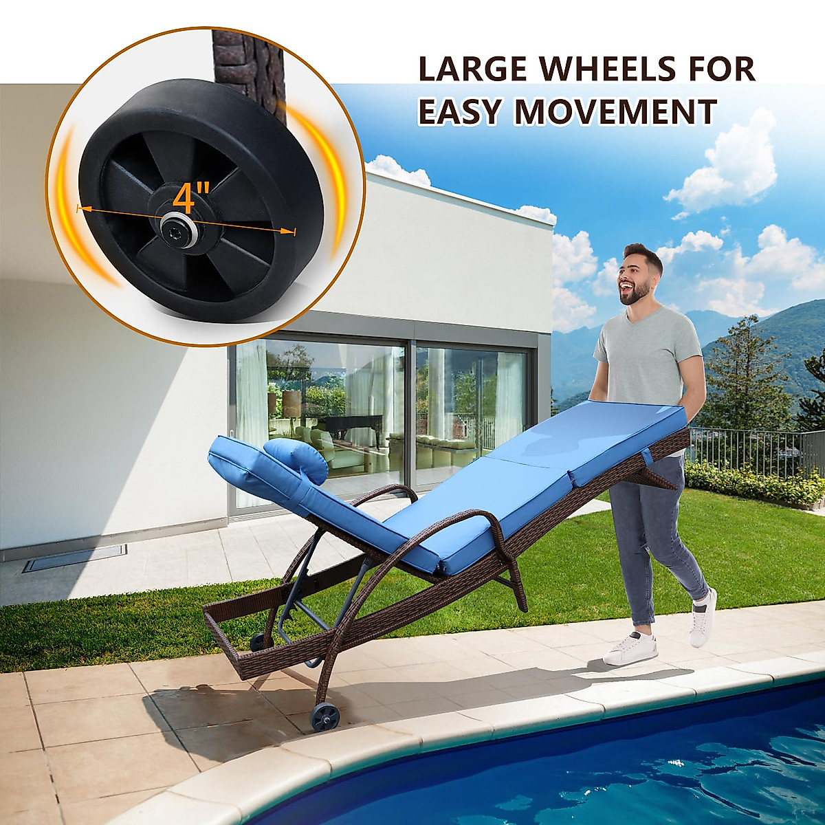 NOBLEMOOD Outdoor Lounge Chairs Set of 2 Beach Wikcer Chaise Lounge with Wheels, Cushion, Adjustable Backrest for Outside Pool Sun Shelf Tanning Bathing (Blue)