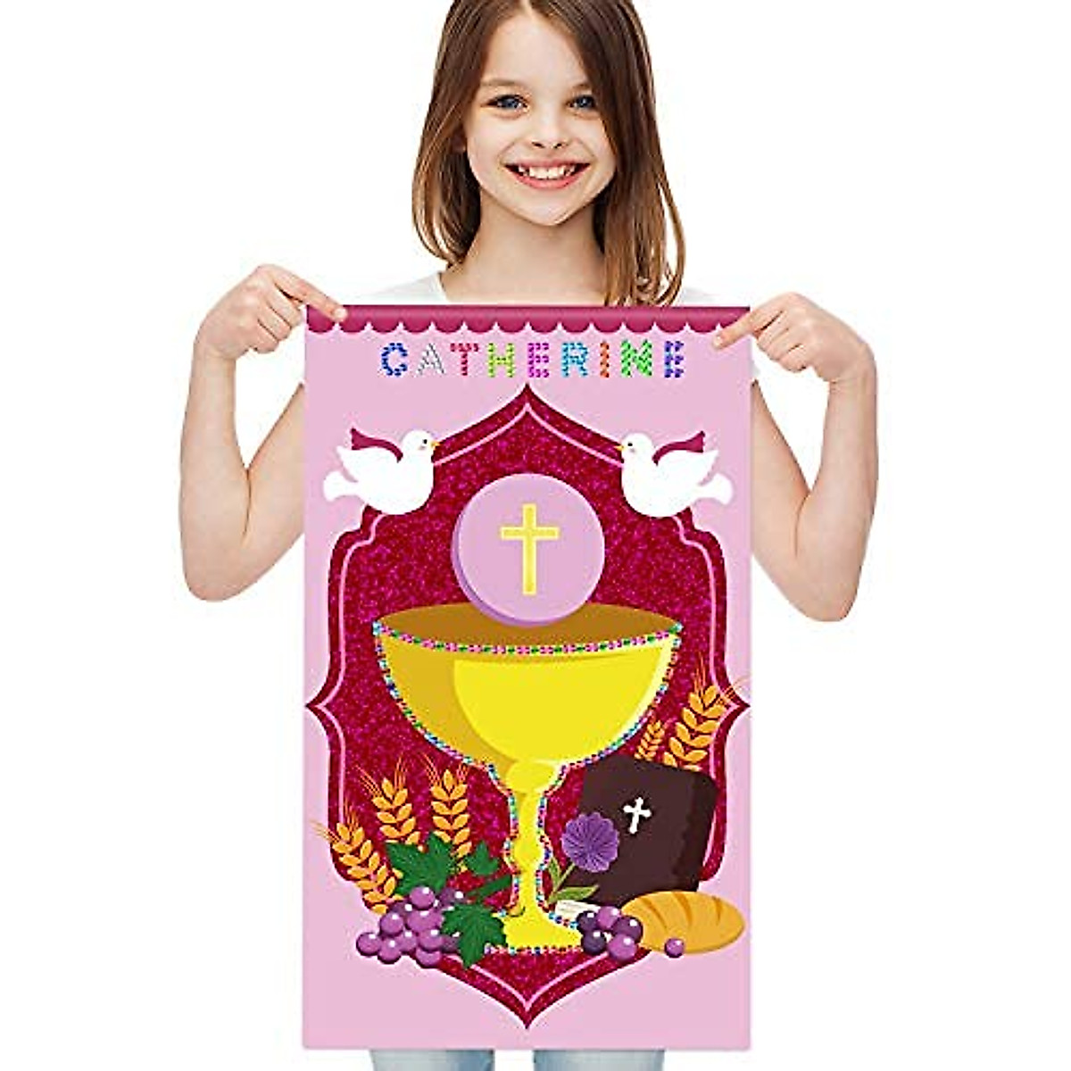 First Communion Banner Kit DIY Holy Door Hanging Decor with 2 Sheets of Diamond Stickers for Boys and Girls Decoration Set, 12 x 20 Inch (Holy Grail Pink Style)