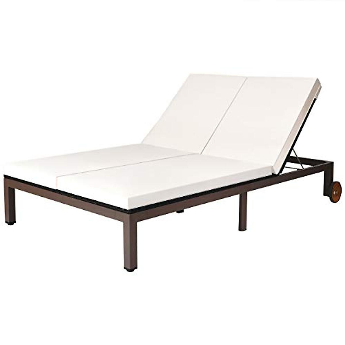 HPW 2 Person PE Rattan Outdoor Chaise Lounge Lounger Recliner Chair Sunbathing Bed Soft Non-Woven Thick Sponge Cushion 2 Separate 5 Adjustable Backrest Position Brown & Cream White 81x50x12.5~35 (in)