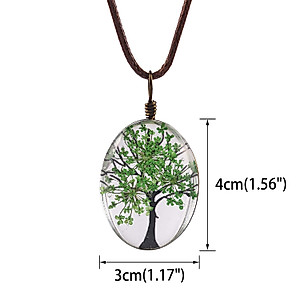 FM FM42 Green Life of Tree Queen Anne's Lace Dried Flowers Oval Pendant Necklace FN4072