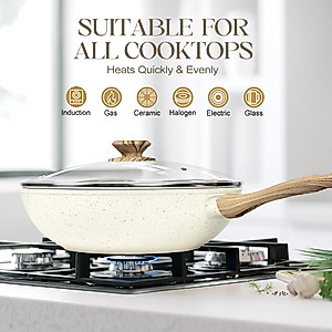 MICHELANGELO 12 Inch Wok Pan with Lid - Woks & Stir-Fry Pans Nonstick Wok with Lid, Stir Fry Pan with Cool-Touch Handle, Induction Wok Set with Stainless Steamer & Fryer Basket