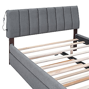 Favfurish Teddy Fleece Full Size Upholstered Platform Bed with Trundle & LED Lights, Wooden Bedframe,No Box Spring Needed, w/Wood Slat Support,for Bedroom,Guest Room, Gray