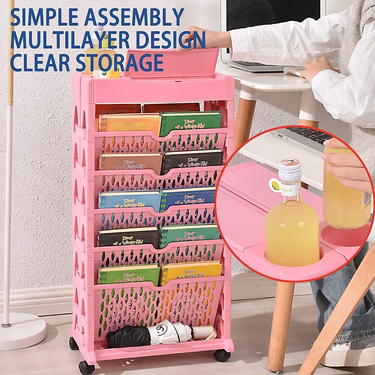 YAYLAIP Rolling Bookshelf Cart,6-Tier Large Capacity,on Wheels Moveable Office Desk File Bookshelf Organizer,with Wheel Multilayer Rotatable,Mobile Portable Removable Plastic Practical Rolling（Green