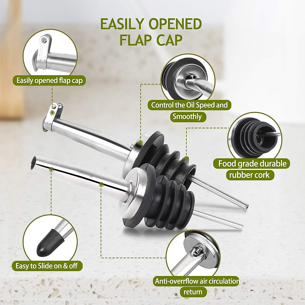 AOZITA 17oz Olive Oil Dispenser Bottle Set with Stainless Steel Holder Rack - 500ml Glass Oil & Vinegar Cruet with No-drip Pourers, Funnel, and Labels - Dark Green & Brown