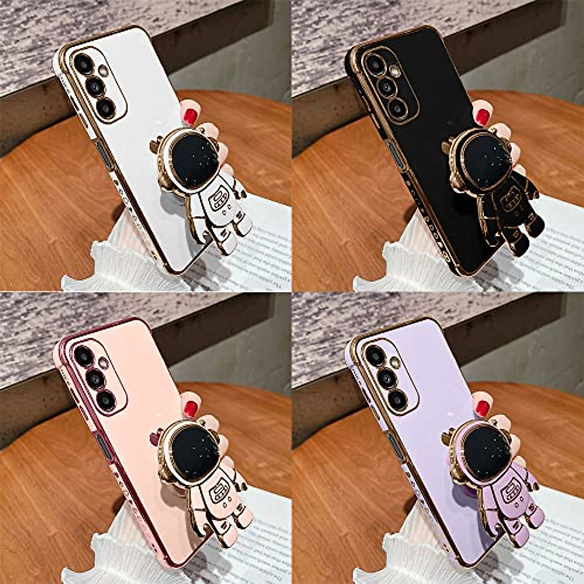 AIGOMARA 6D Plating Astronaut Hidden Stand Case Cover for Samsung Galaxy A14 5G Women Astronaut Folding Bracket Kickstand iPhone Case with Camera Protector Soft TPU Shockproof Bumper - Purple