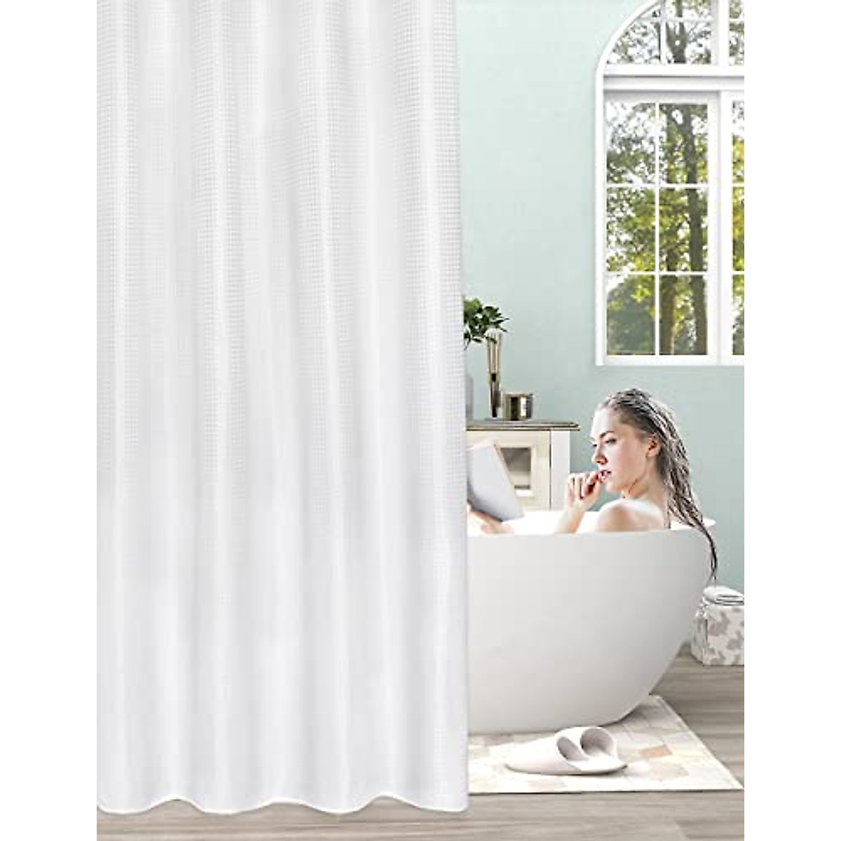 SUMGAR Waffle Weave Shower Curtain Modern White Fabric Hotel Luxury Elegant Polyester Textured Cloth Washable Shower Curtains Set with Hooks for Modern Farmhouse Bathroom 72"x72"