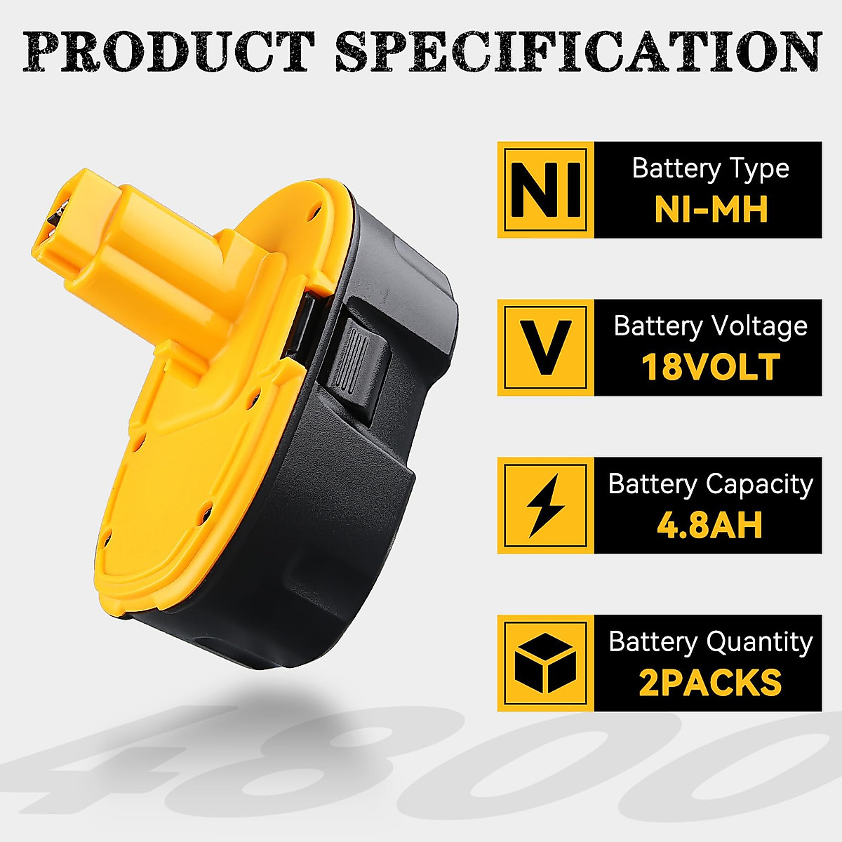 2Pack DC9096 18V 4.8Ah Replacement for Dewalt Battery Compatible with Dewalt 18V Battery DC9098 DC9099 DC970 DW9095 DW9096 DW9098 DW9099 DE9095 DE9096 DE9098 Cordless Power Tools