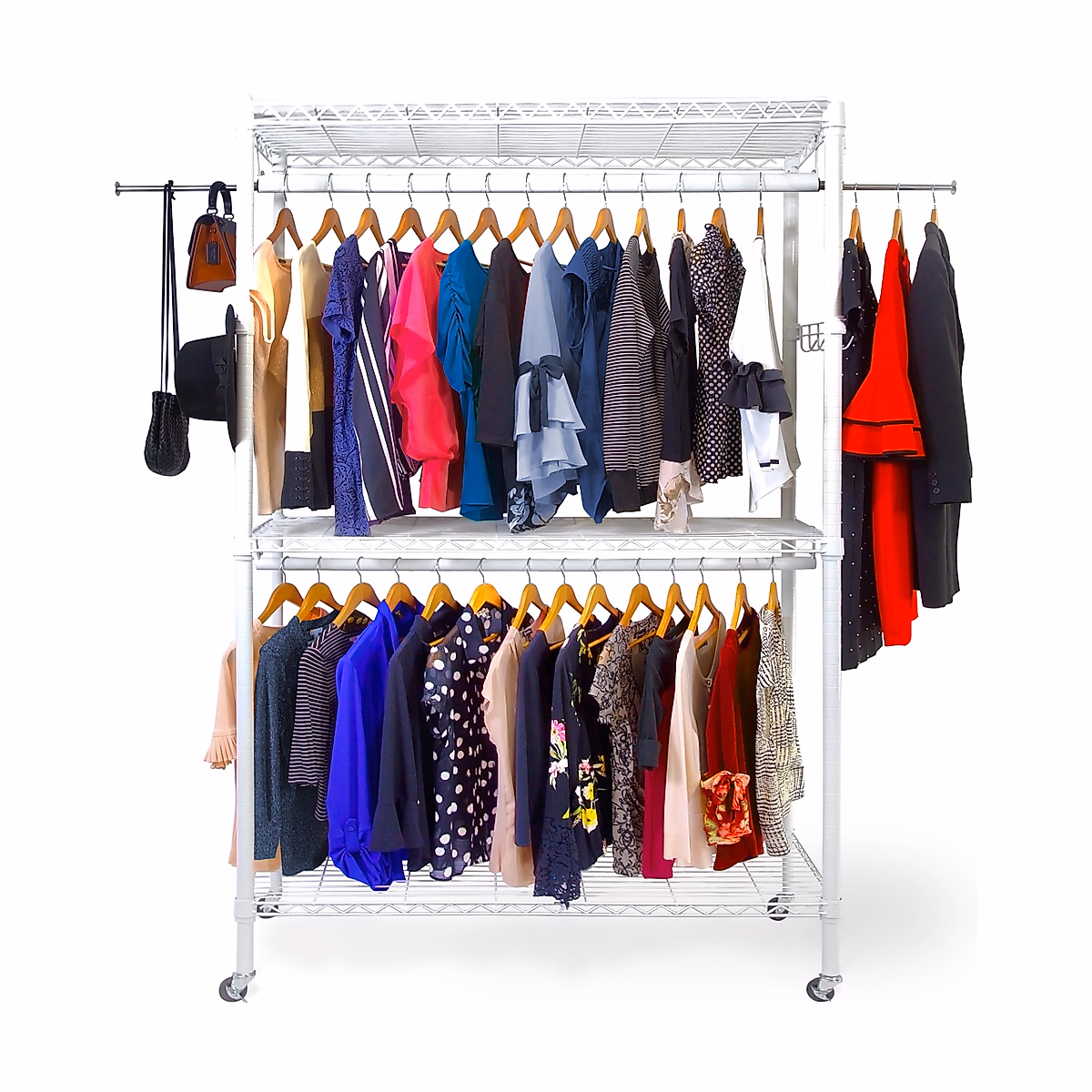 Rossmore Home Essentials Heavy Duty Rolling Garment Rack 3 Tiers Adjustable Wire Shelving Clothes Rack with Double Rods and Side Hooks, Freestanding Wardrobe Storage Rack Metal Clothing Rack, White(L)