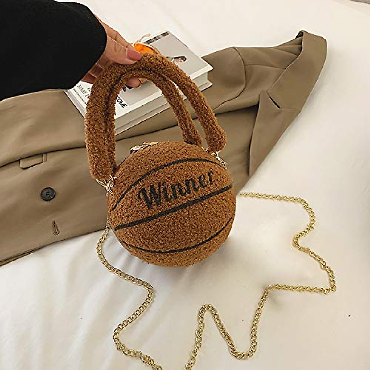 KUANG! Women's Basketball Shaped Mini Chain Purse Plush Shoulder Messenger Handbags Handle Tote Crossbody bags For Girls