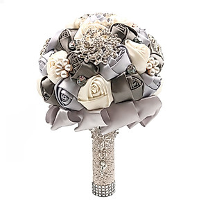 Abbie Home Advanced Customization Romantic Bride Wedding Holding Toss Bouquet Rose with Pearls and Rhinestone Decorative brooches Accessories- (Grey + Creamy White)