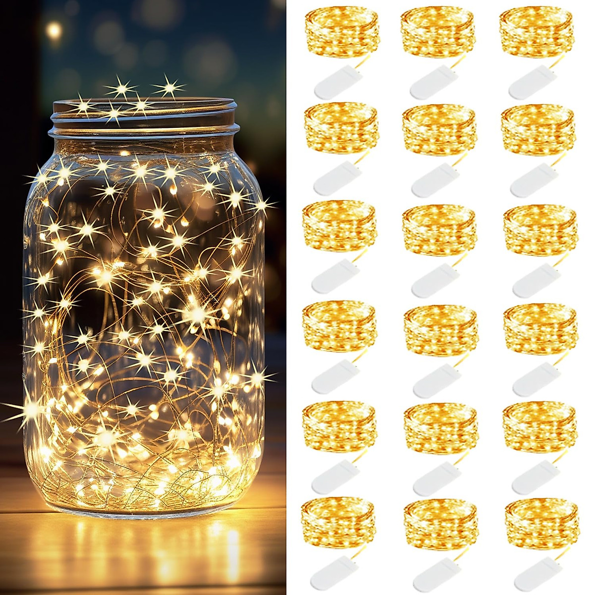 LEDIKON 18 Pack Fairy Lights Battery Operated String Lights-3.3ft 20 LED Silver Wire Warm White Firefly Mini Lights for Wedding,Party,DIY Crafts,Mason Jars,Centerpiece Table Decorations