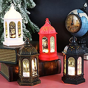 Novobey Ramadan Lantern Decor, Metal Retro Hanging Lantern Battery-Powered LED Eid Mubarak Decorative Night Lights for Ramadan Holiday Garden Yard Wall Decoration (Hexagonal Black)