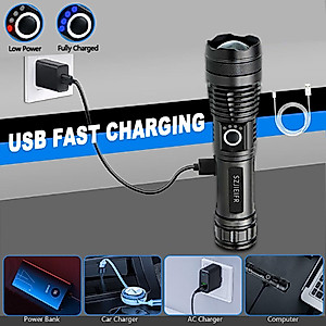 SZJIEIFR LED 18650 Flashlight Tactical Flashlights Rechargeable LED Flashlight, 5 Modes Zoomable USB Fast Charging Flash Light,Bright Long Range for Home Outdoor, Hiking, Camping, Hurricane Supplies