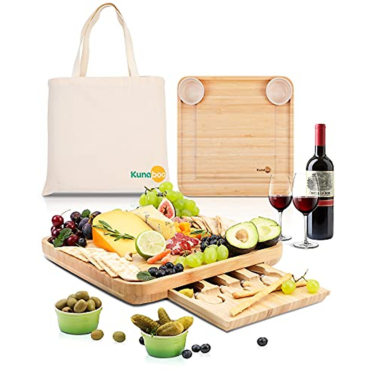 Kunaboo Bamboo Charcuterie Board Set-Green Ramekins-Climate Pledge Friendly Certified Cheese Board with Knife Set (FSC Certified eco-Friendly Bamboo)-Free Travel Canvas Bag-Cheese Boards Gift Set
