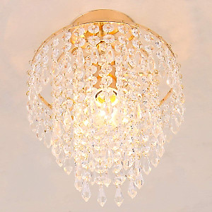 FRIXCHUR Mini Size Crystal Chandelier Modern Flush Mount Ceiling Light 3 Tiers Raindrops Crystal Pendant Lighting Fixture Decoration for Bedroom Hallway Living Room,E26 Base,Gold
