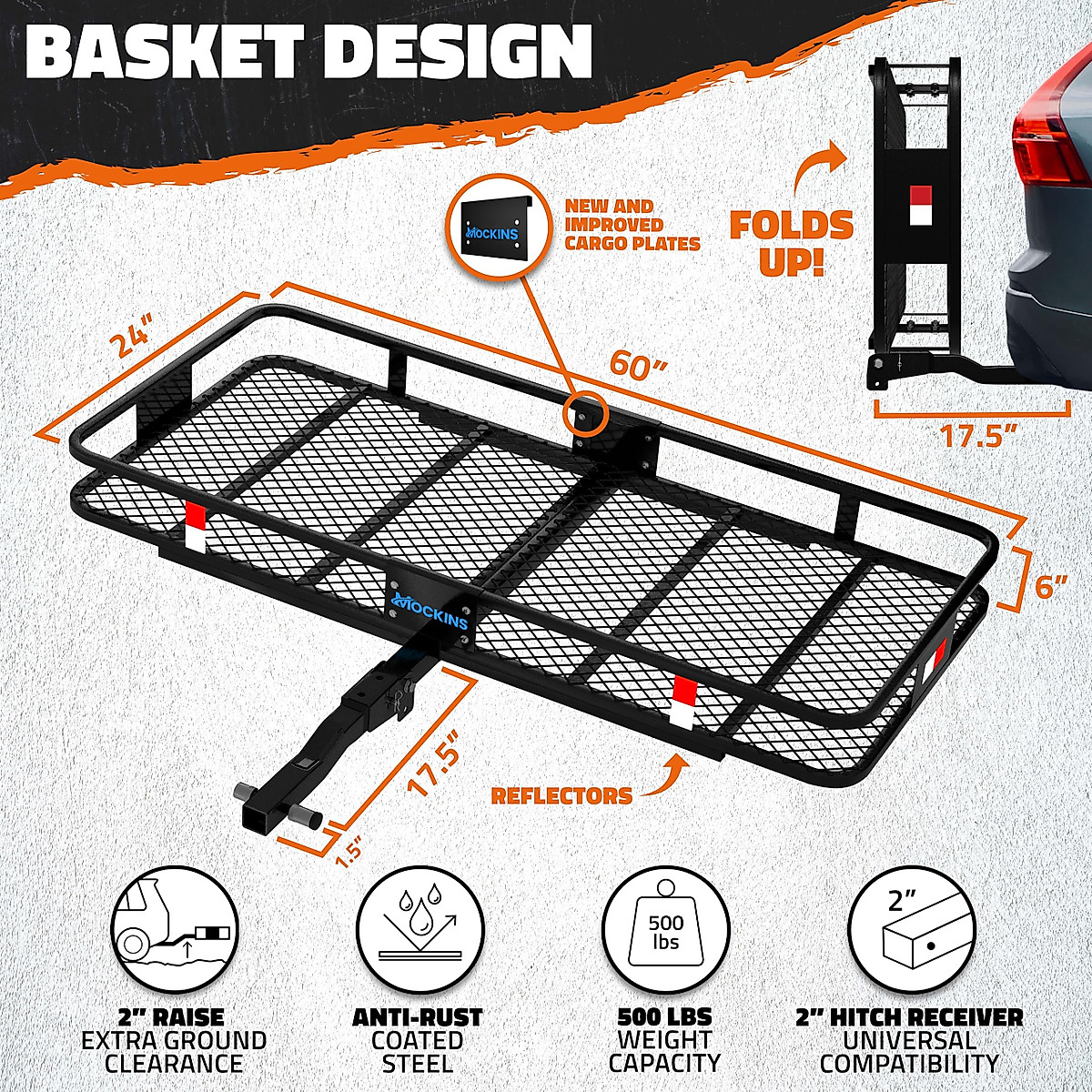 Mockins 60"x24"x6" Folding Trailer Hitch Cargo Carrier w/ 25 CuFt. Soft Vinyl Waterproof Cargo Bag | 500 Lbs. Capacity Car Carrier Cargo Rack & Car Bag Set | Waterproof Truck Bed Storage Accessories