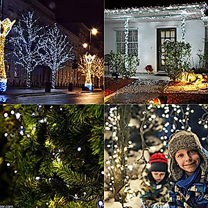 LJLNION 2 Pack Solar Powered Outdoor Decorative String Lights, 200 LED Each Christmas Lights, 8 Lighting Modes & Memory Function, Waterproof for New Year Wedding Party Patio Garden Decor, Cool White