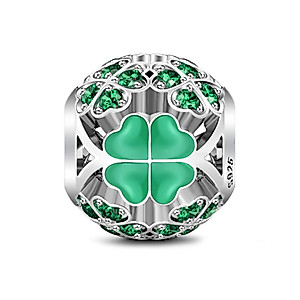 GNOCE ST Saint Patricks Day Gift Lucky Four Leafs Charms for Bracelets Sterling Silver Gift For My Goddess Bead Charms With Green Cubic Zirconia Charm Bead Fit All Bracelet Necklace