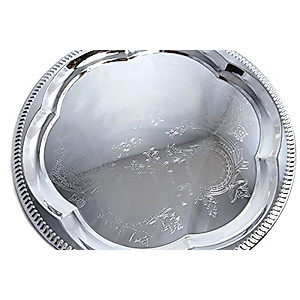 Maro Megastore (Pack of 4) 11.8-Inch Elegant Round Floral Pattern Engraved Catering Chrome Plated Serving Plate Mirror Tray Platter Tableware Decor Holiday Wedding Birthday Party (Small) T226s-4pk