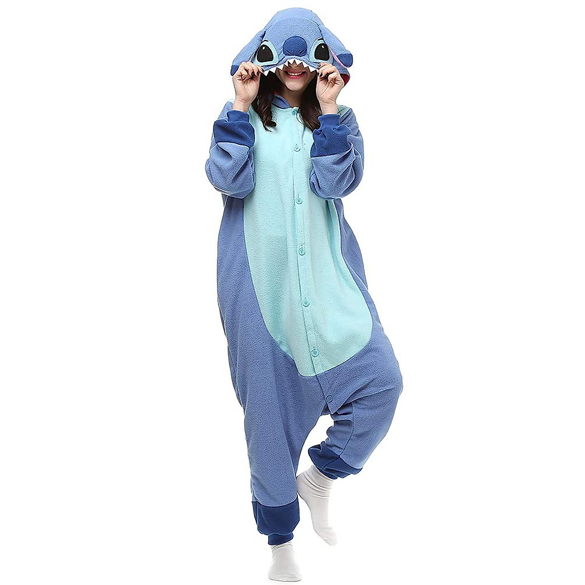 EONDEAR Adults Onesie Halloween Costumes Animals Sleeping Kigurumi Pajamas, Blue Stitch, Medium