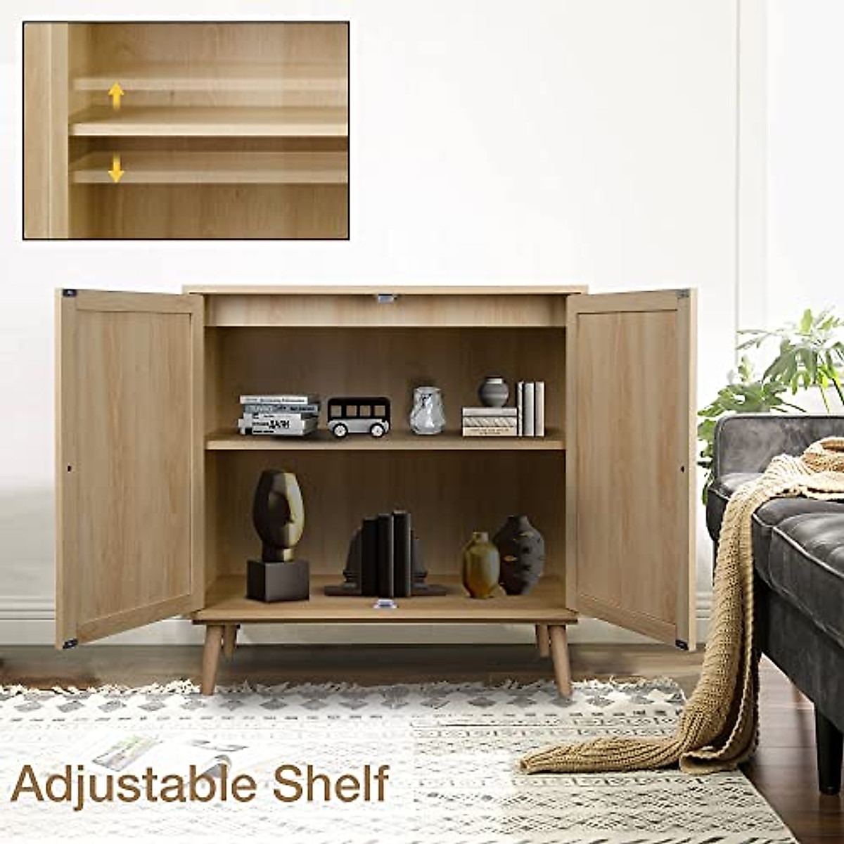 QHITTY Rattan Sideboard Buffet Cabinet, Accent Kitchen Storage Cabinet Console Table with Adjustable Shelves for Living Room, Dining Room, Bedroom (Natural)