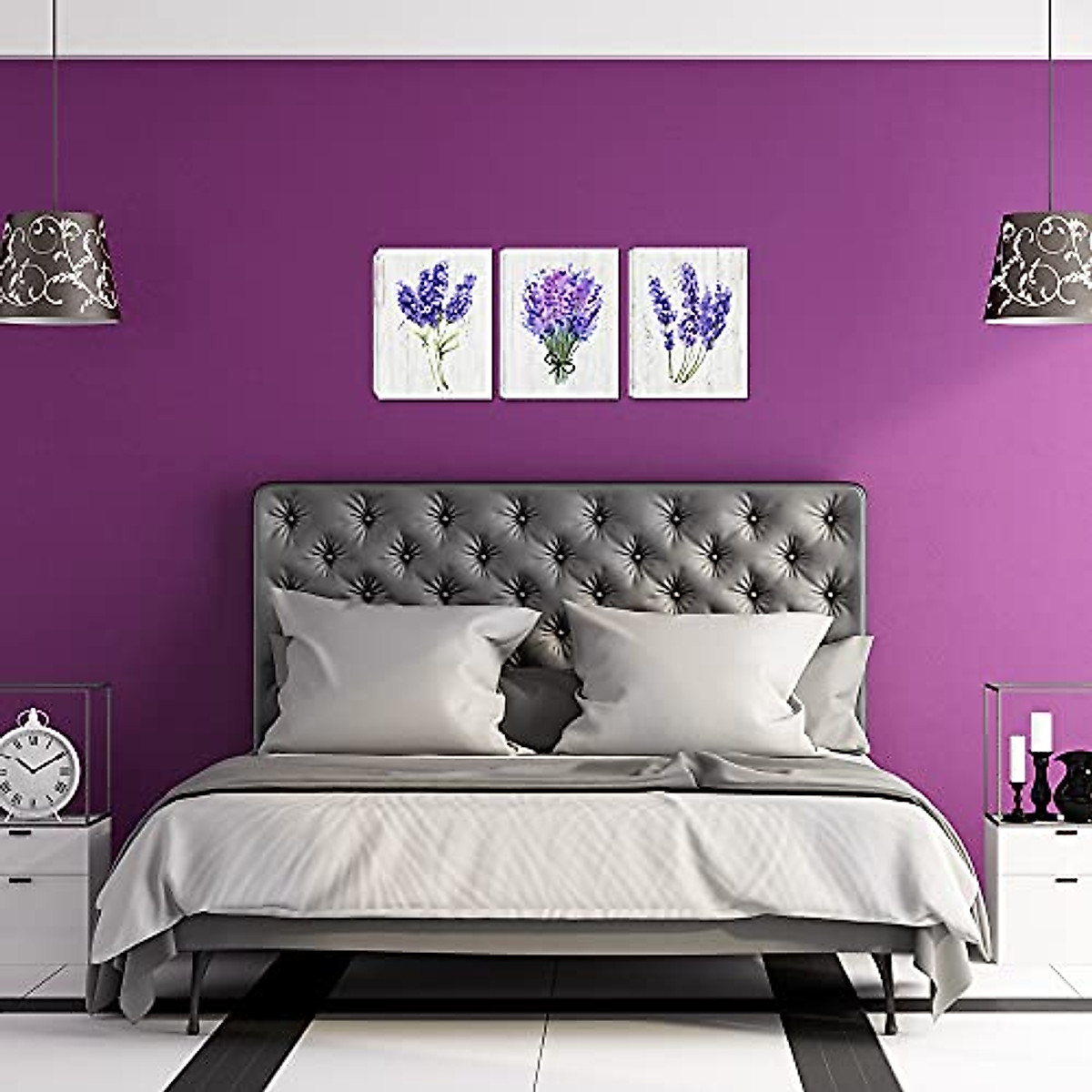 gold mi Flowers Home Decorations Purple Lavender Flower Artwork for Living Room Office Bathroom Wall Decor Floral Grey Wood Grain Rustic Posters and Prints Frame to Hang 12*16inch