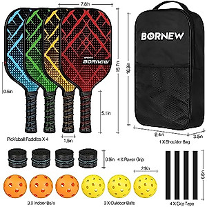 Pickleball Paddles Set,of 4, 7.5oz Fiberglass Honeycomb Core Pickleball Racket with Outdoor/Indoor Ball, Portable Shoulder Bag, Paddle Grip and Tape, Pickleball Gifts for Family, Kids and Beginner