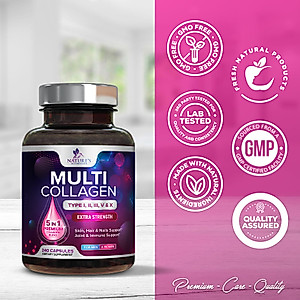 Collagen for Women & Men, Type I, II, III, V, X Collagen Pills Complex, Grass Fed Non-GMO, Nature's Hydrolyzed Multi Collagen Peptides Supplement, Hair, Skin, Nail, Joint Health Support - 240 Capsules