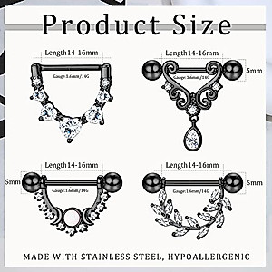JOERICA 4 Pairs 14G Nipple Rings for Women 316L Stainless Steel Heart Teardrop Moon Star Opal Leaf CZ Barbell Nipple Rings Set Cute Nipplerings Piercing Jewelry