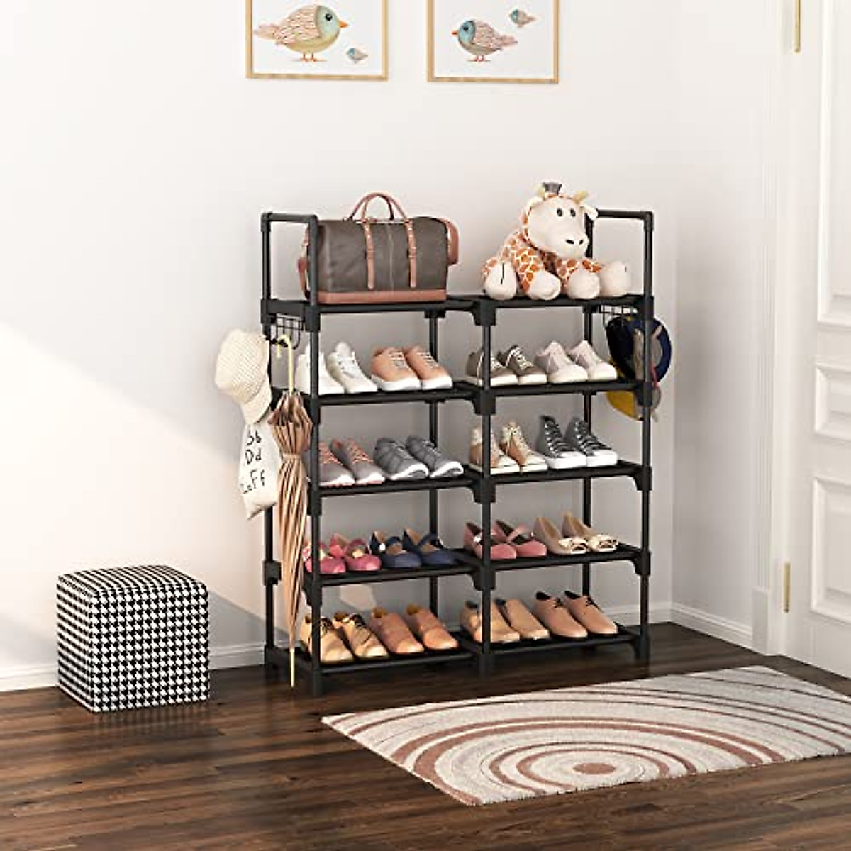 ROJASOP Shoe Rack Organizer for Closet Entryway, 20 Pairs 5-Tier Stackable Shoe Rack Storage Shelf for Hallway Bedroom Garage Dorm Free Standing Shoe Racks with Side Hooks Space Saving Shoe Rack