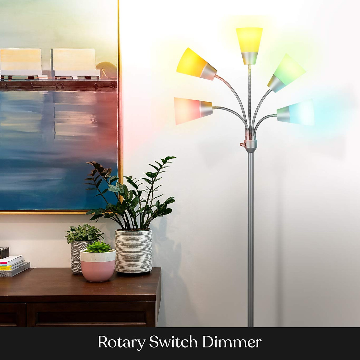 Brightech Medusa Modern LED Floor Lamp – Multi Head Dimmable Floor Lamp for Living Rooms & Offices – Tall Lamp with Interchangeable Shade, Standing Lamp with 5 LED Bulbs for Hobbies - Silver