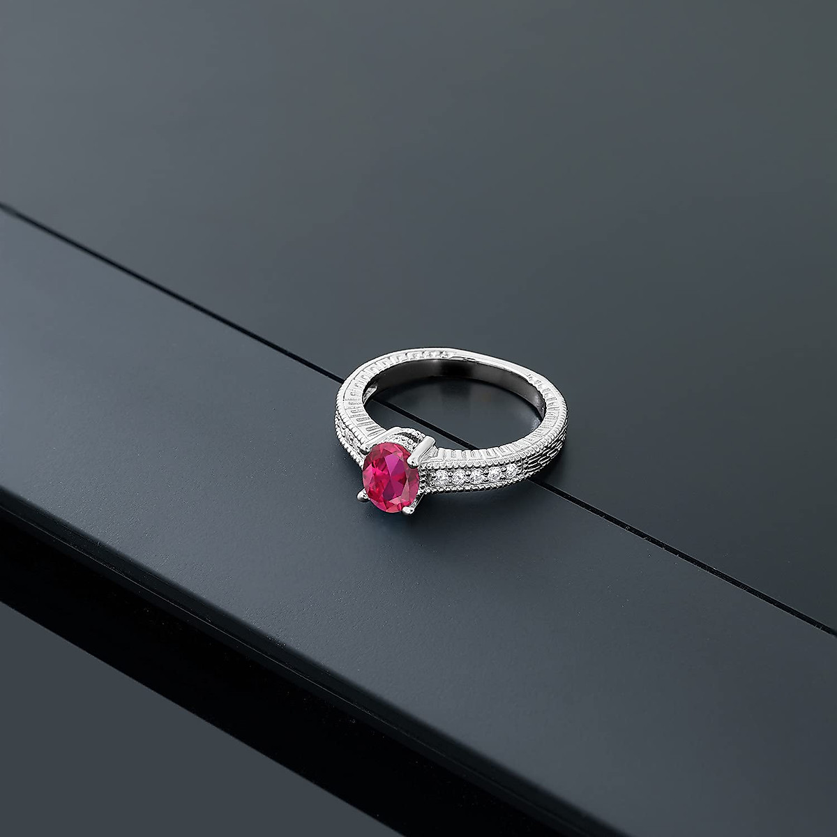 Gem Stone King 925 Sterling Silver Oval Red Created Ruby and White Moissanite Women Engagement Ring (1.00 Cttw, Available In Size 5, 6, 7, 8, 9)