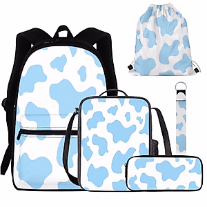 GIFTPUZZ Blue Cow Print Backpacks for Girls Boys Book Bag Back Packs with Lunch Box Pencil Case Drawstring Bag Keychain Teens Schoolbags Back Packs Satchel for Travel Daypack