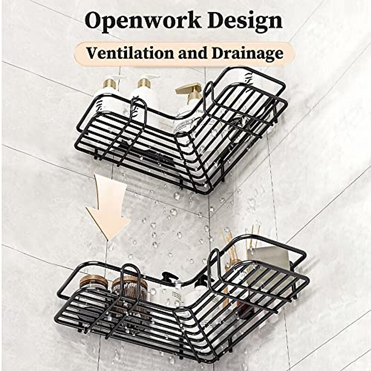Corner Shower Caddy, Bathroom Accessories for Bathroom Storage, 2-Pack No Drilling RustProof Stainless Steel Shower Rack Wall Shelves Organizer, 1 Soap Holder with 8 Adhesive Hooks, Black