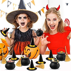 ZHWKMYP Mini Witch Hats and Brooms, 12Pcs Small Witch Hat for Crafts Kit, Witches Broom and Black Candy Cauldron Kettles for Halloween Decorations Party Supplies