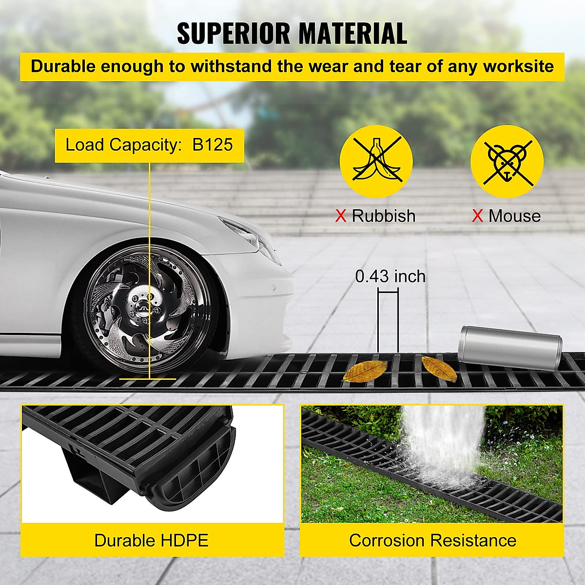 VEVOR Trench Drain System, Channel Drain with Plastic Grate, 5.7x3.1-Inch HDPE Drainage Trench, Black Plastic Garage Floor Drain, 6x39 Trench Drain Grate, with 6 End Caps, for Garden, Driveway-6 Pack