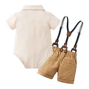 YUEMION Infant Baby Boy Clothes Gentleman Outfits Suits Summer Short Sleeve Bowtie Bodysuit Shirts + Suspender Shorts (Beige,12-18M)