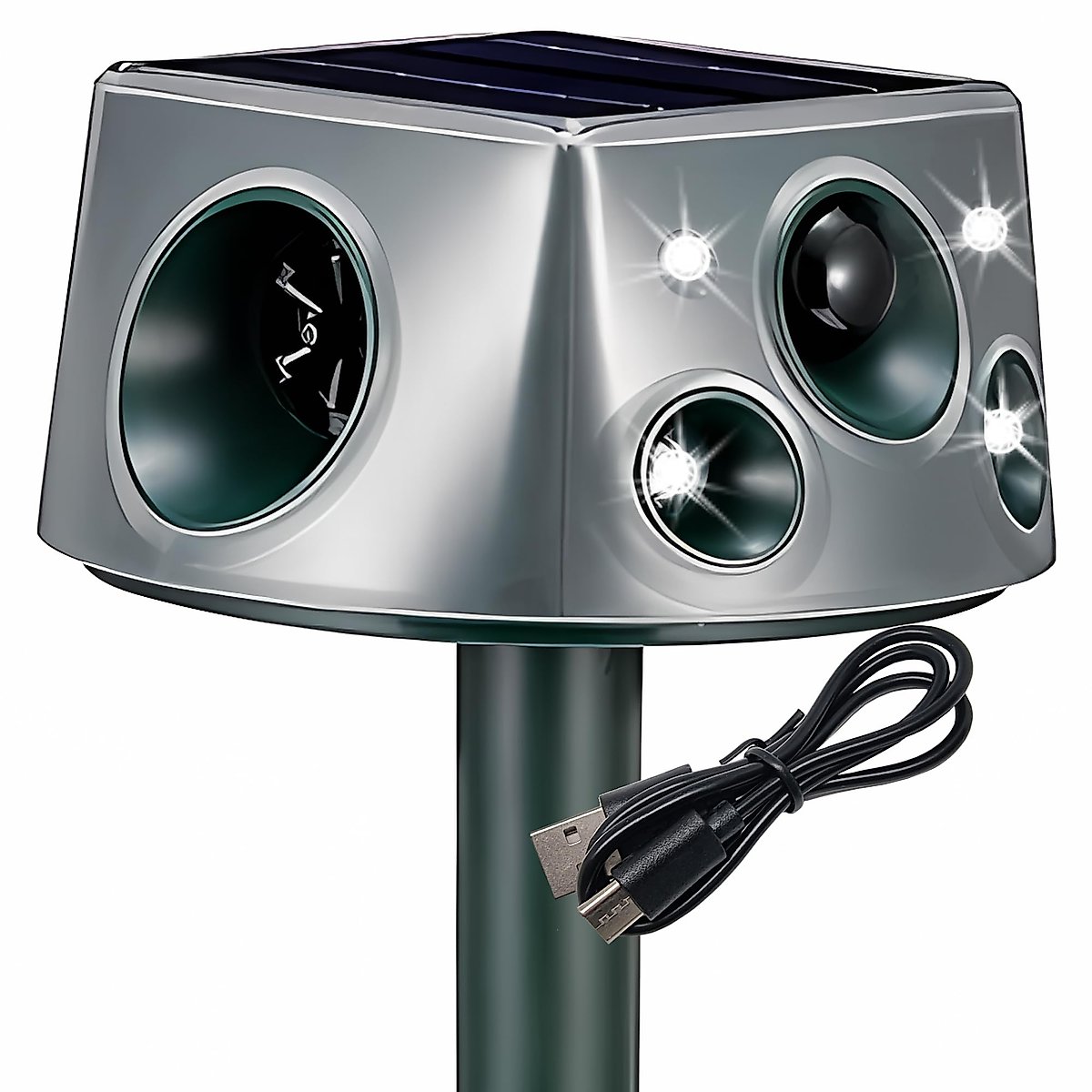 Fall 2024 Animal Repellent Outdoor with Automatic Frequencies, 2 Motion Detectors, 2 Alarms, 8 Stronger LED Lights and USB Cable - Solar Animal Repeller with Expanded Detection Range 360°
